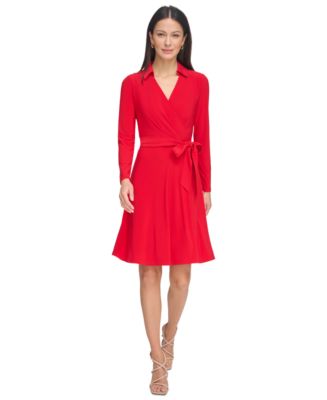 DKNY Women's Long-Sleeve Belted Faux-Wrap Dress - Macy's