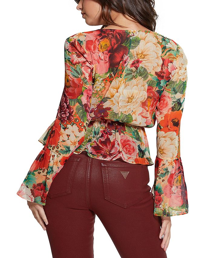 GUESS Women's Demi Printed Lace-Up Peplum Top - Macy's