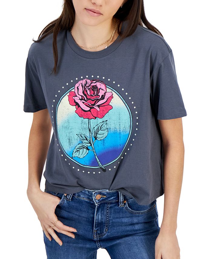 Rebellious One Juniors' Rose Crewneck Cropped Graphic T-Shirt - Macy's