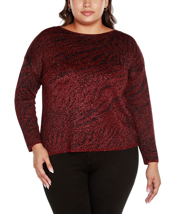 Belldini Black Label Plus Size Shiny Zebra Jacquard Long Sleeve Sweater ...