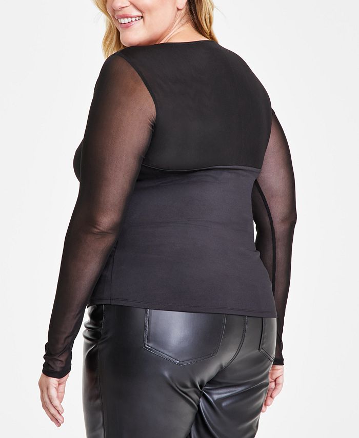 Bar III Plus Size V-Neck Sheer-Sleeve Mesh Top, Created for Macy's - Macy's