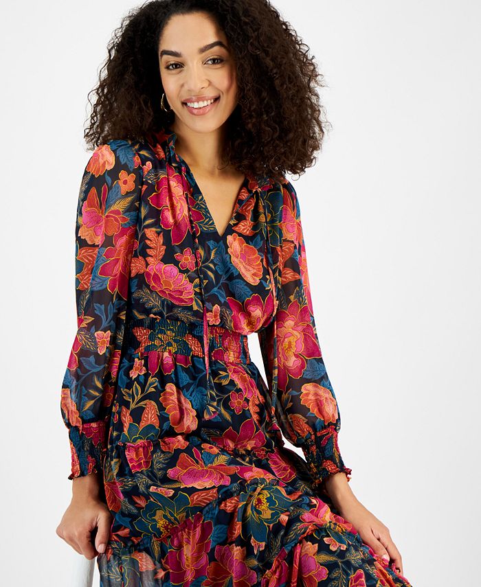 MSK Women's Floral-Print Smocked Tiered Maxi Dress - Macy's