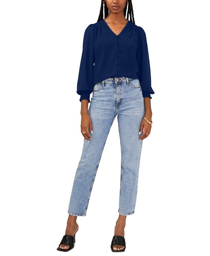 Sam & Jess Petite V-Neck Smocked-Shoulder Blouse - Macy's
