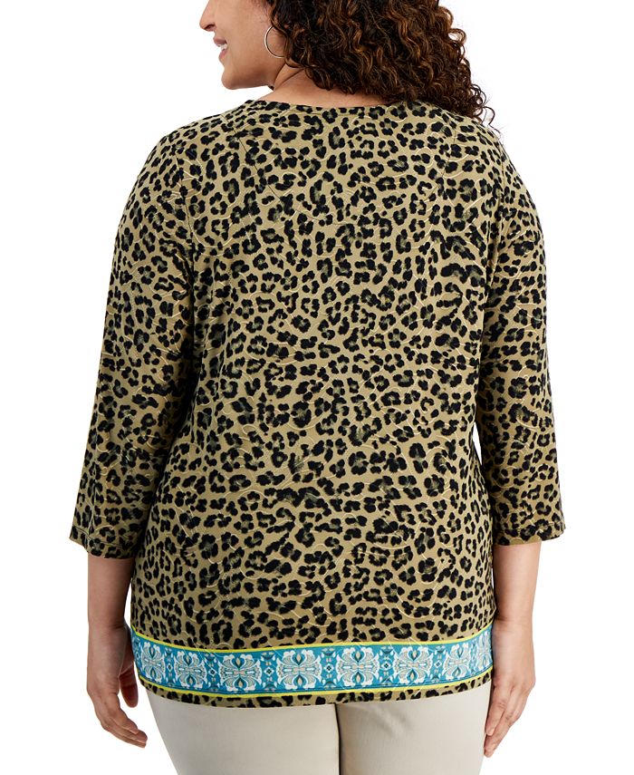 JM Collection Plus Size Animal-Print 3/4-Sleeve Border-Hem Jacquard Top ...