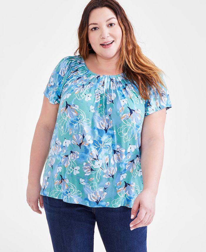 Style And Co Plus Size Printed Pleated Neck Top Created For Macys Macys