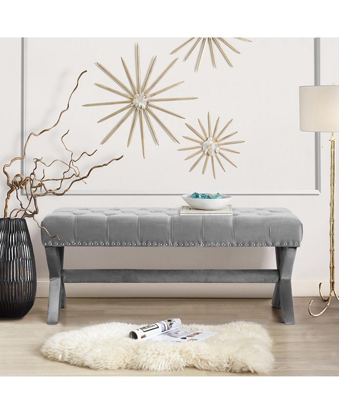 Inspired Home Bryoni Velvet Button Tufted Silver Nailhead Trim X Leg