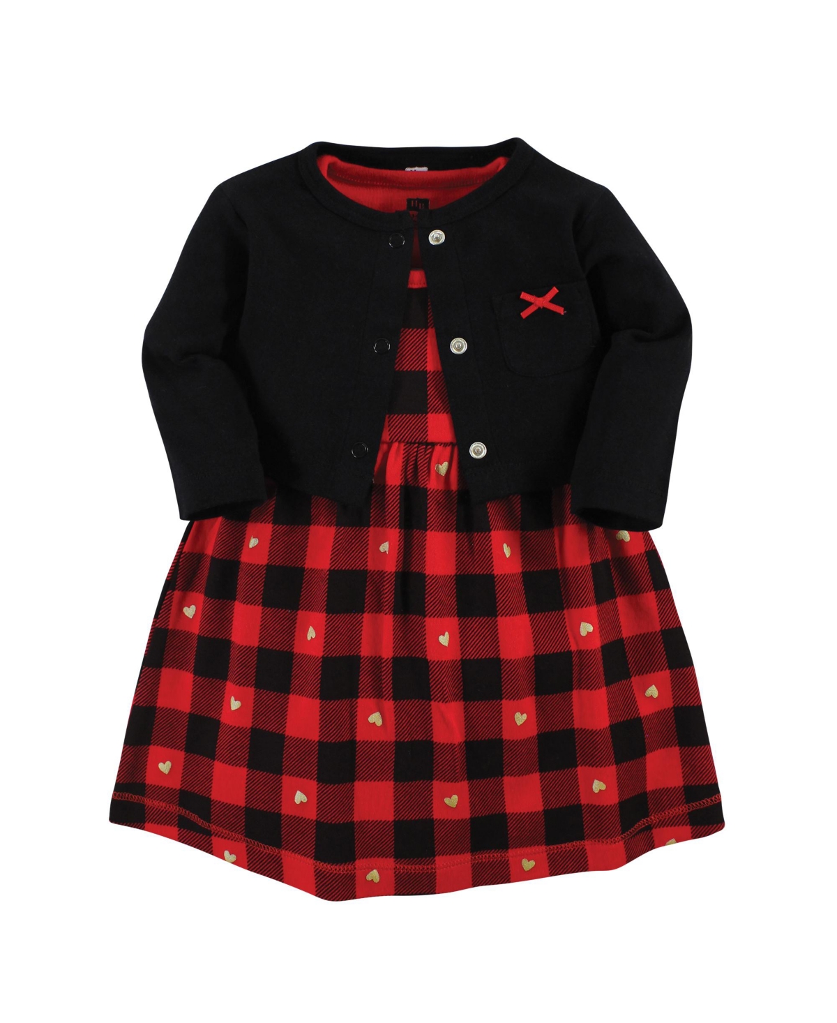 Hudson Baby Baby Girls Hudson Lightweight Cotton Dress and Cardigan Set - Gold heart buffalo plaid