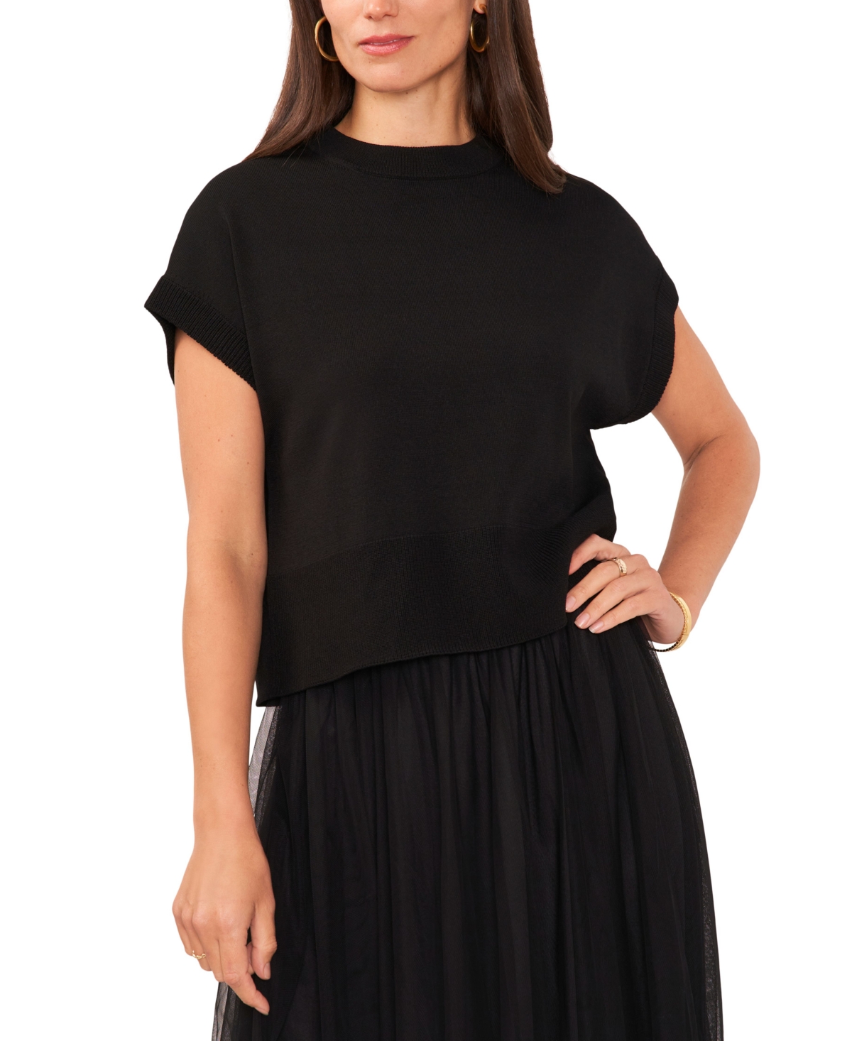 Vince Camuto Womens Drop-Shoulder Short-Sleeve Sweater - Rich Black