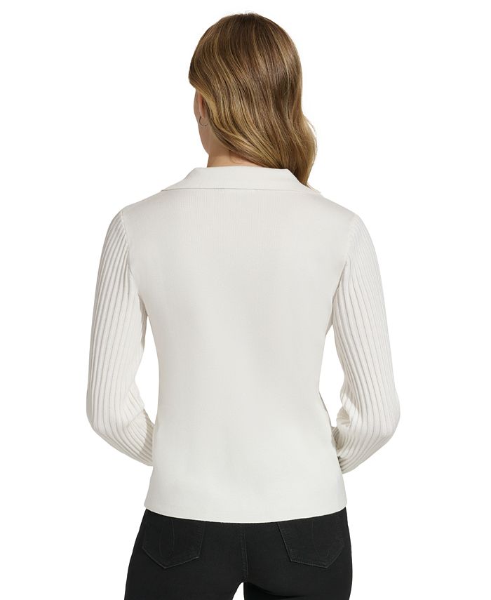 Calvin Klein Women's Collared V-Neck Ribbed-Sleeve Sweater - Macy's