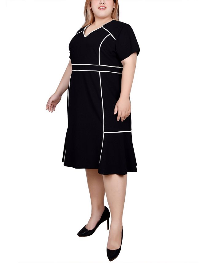 NY Collection Plus Size Short Sleeve Piped Detail Dress - Macy's