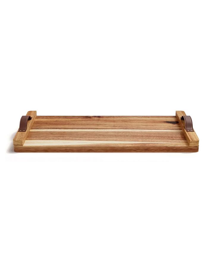 American Atelier Rectangular Acacia Wood Tray with Leather Handles - Macy's