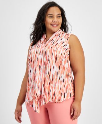 Bar III Plus Size Printed Sleeveless Bow Neck Blouse, Created for Macy ...
