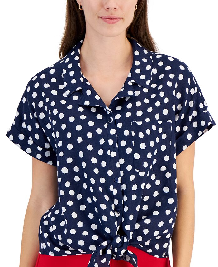 Charter Club Women's 100% Linen Carrie Dot-Print Tie-Front Shirt ...
