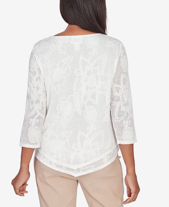 Alfred Dunner Women's Neutral Territory Floral Jacquard Point Hem Top ...