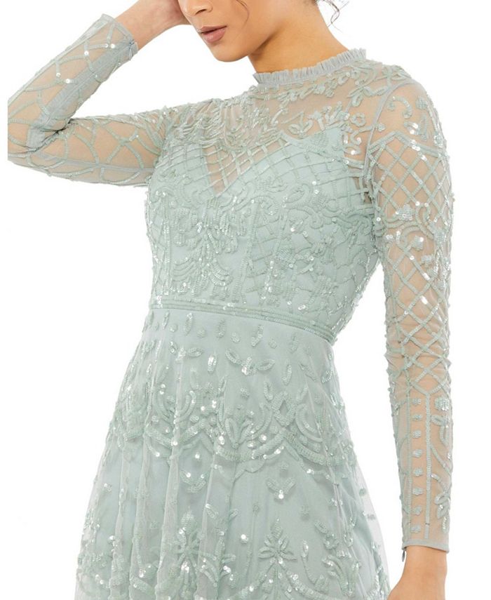 Mac Duggal Women's Sequined Illusion High Neck Long Sleeve Midi Dress - Macy's