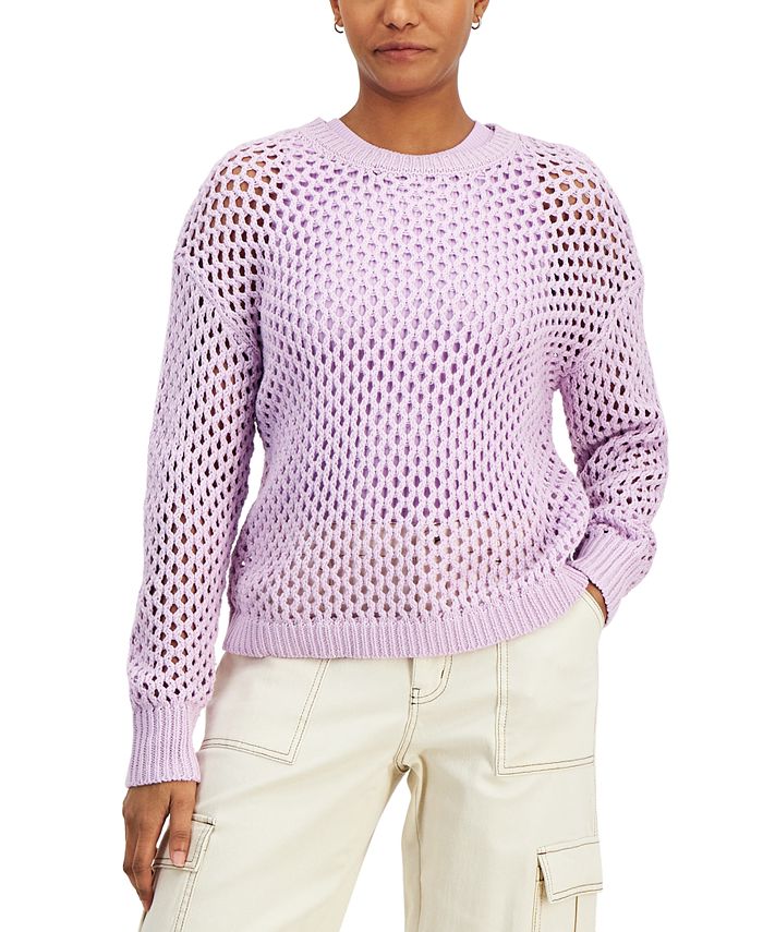 Hooked Up by IOT Juniors' Crewneck Long-Sleeve Mesh Sweater - Macy's