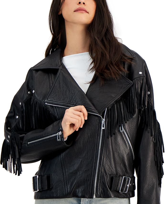 HUGO Women's Fringe-Trim Leather Moto Jacket - Macy's