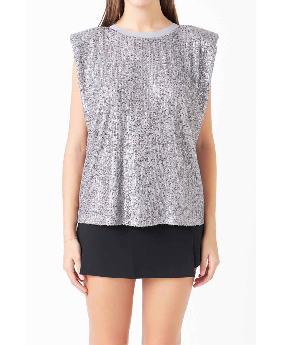 Click here for Womens Sequin Shoulder Pad Top - Silver prices