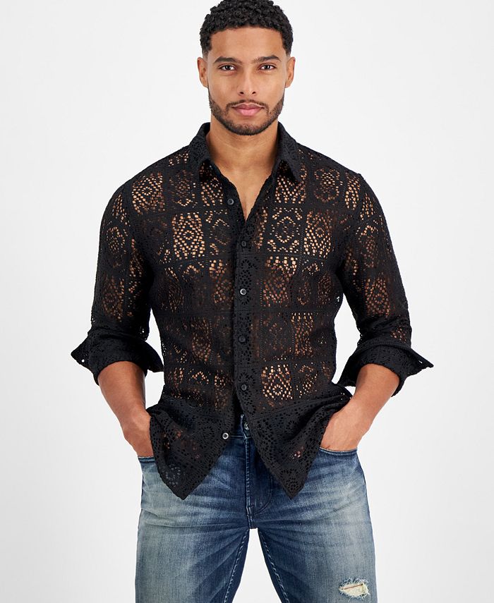 GUESS Men's Long Sleeve Craft Crochet Shirt - Macy's