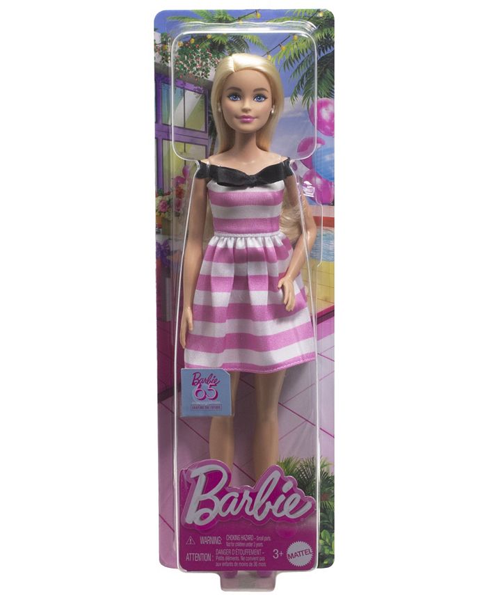 Barbie 65th Anniversary Fashion Doll with Blonde Hair, Pink Striped ...