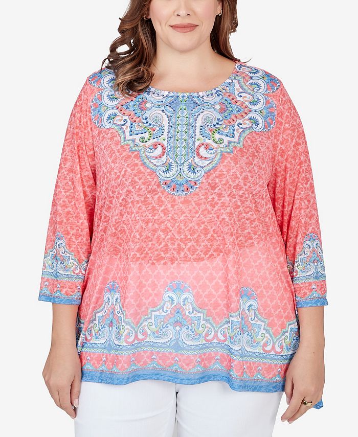 Ruby Rd. Plus Size Embellished Guava Border Print Sublimation Top - Macy's
