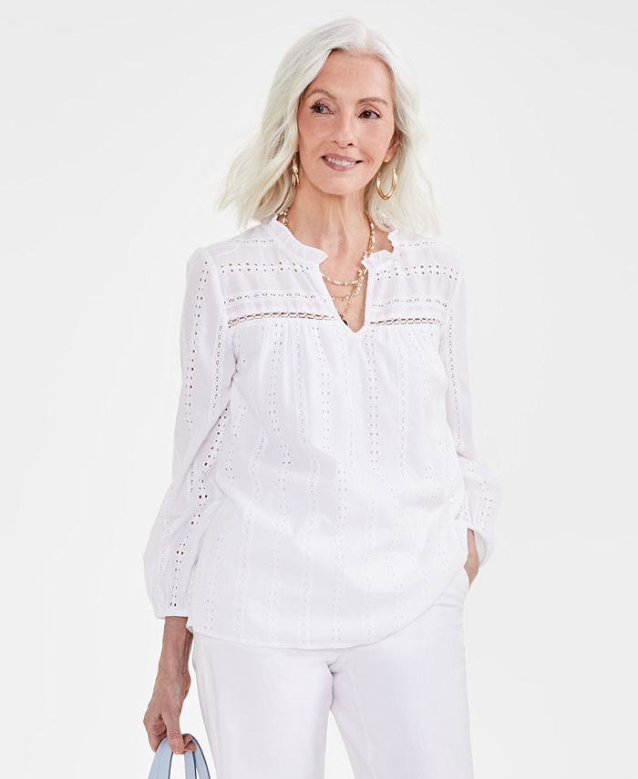 Style & Co Women's Cotton Eyelet Split-Neck Top, Created for Macy's - Macy's