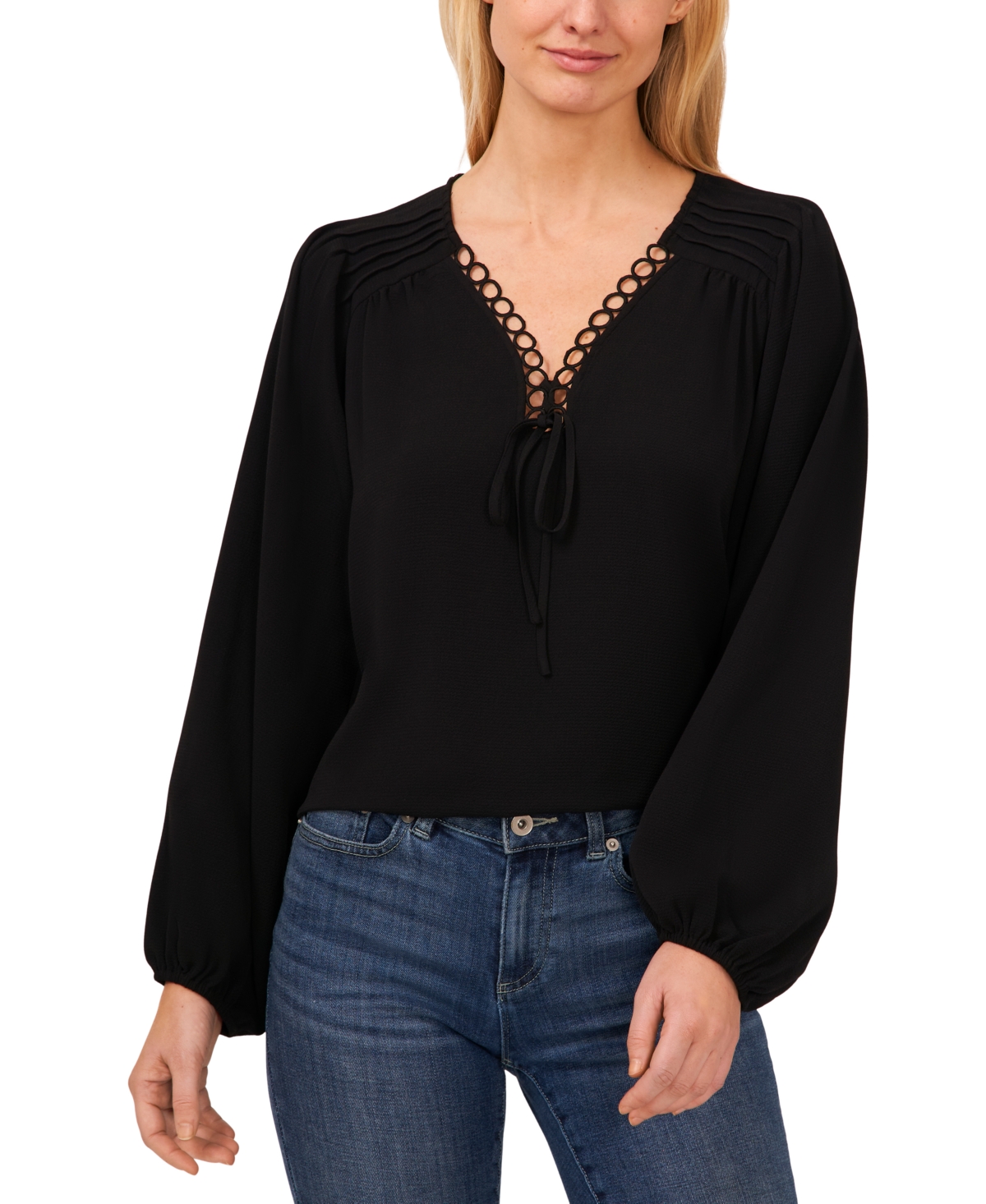 Click here for CeCe Womens Circular Trim Pin-Tuck Long Sleeve Blo... prices