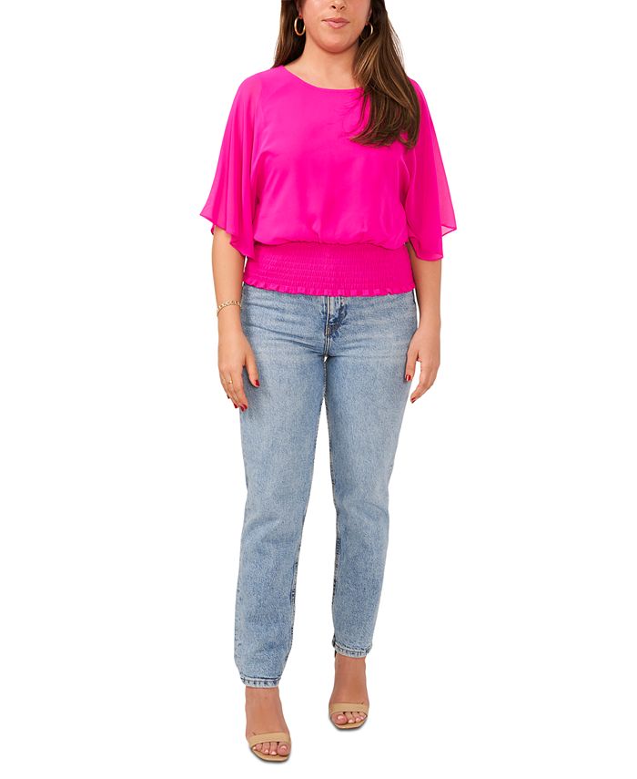 Sam & Jess Petite Printed Smocked-Waist 3/4-Sleeve Top - Macy's