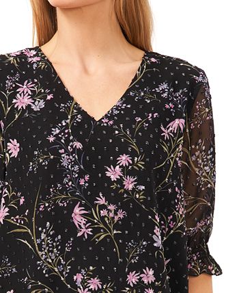 CeCe Women's Floral 3/4-Sleeve Ruffled V-Neck Blouse - Macy's