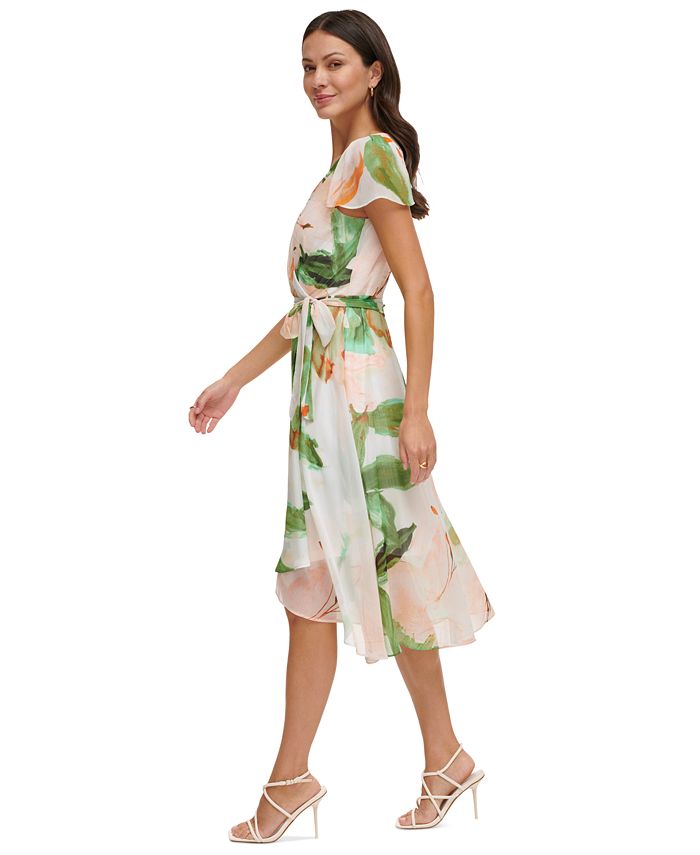 DKNY Petite Flutter-Sleeve Faux-Wrap Midi Dress - Macy's