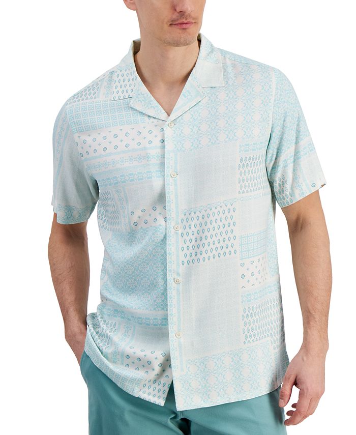 Club Room Men's Patchwork Geo-Print Resort Camp Shirt, Created for Macy's - Macy's