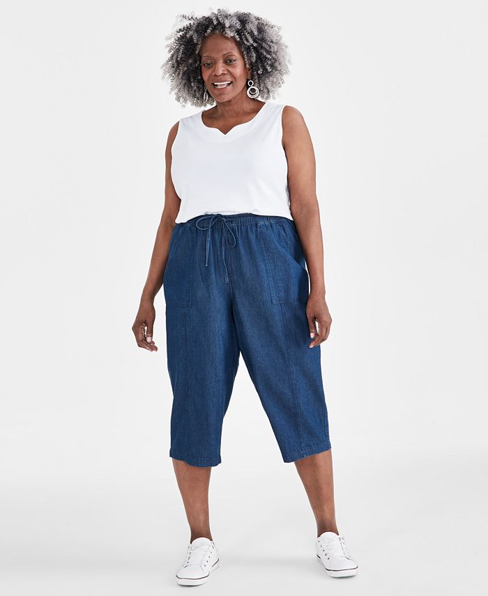 Style & Co Plus Size Drawstring Chambray Capri Pants, Created for Macy ...