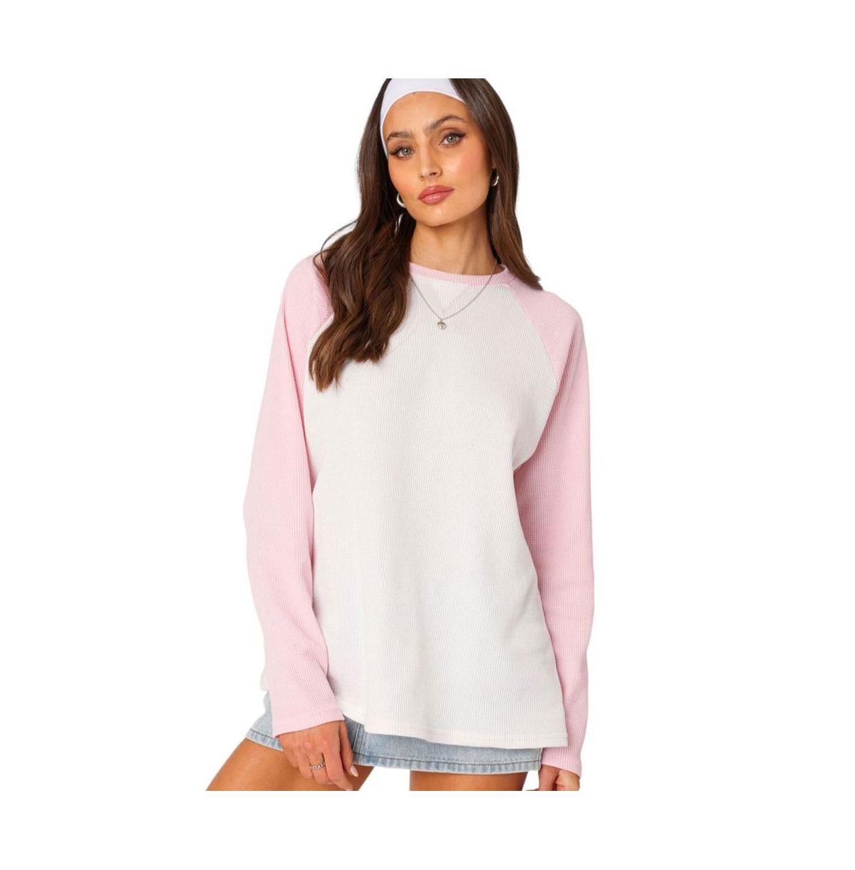 Click here for Edikted Womens Me Time oversized waffle top - Ligh... prices