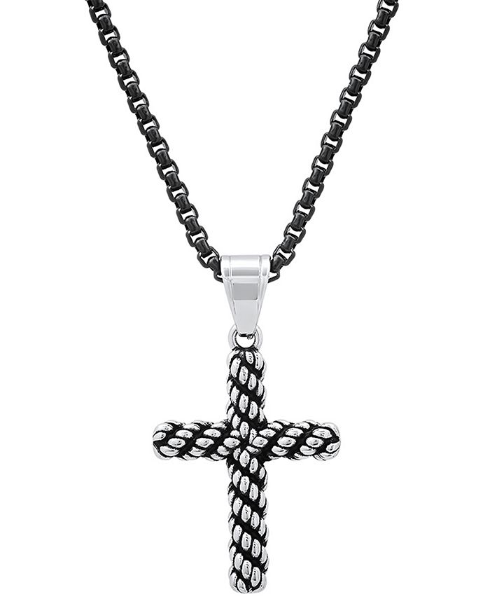 STEELTIME Men's Two-Tone Stainless Steel Rope Chain Cross 24" Pendant ...