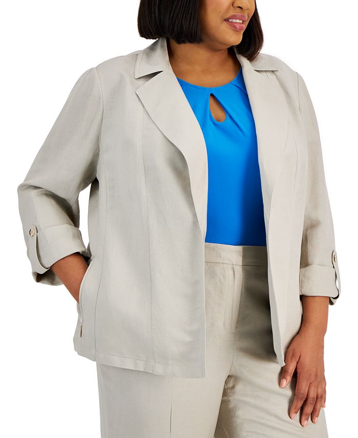 Kasper Plus Size Linen-Blend Open-Front Roll-Tab 3/4-Sleeve Blazer - Macy's