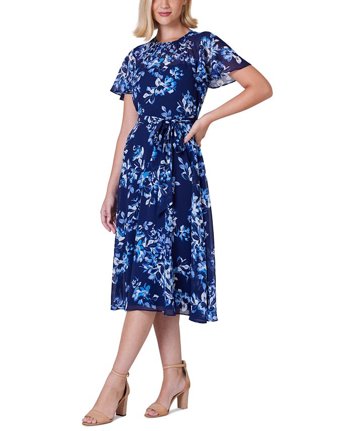 Jessica Howard Petite Printed Chiffon Belted Dress - Macy's