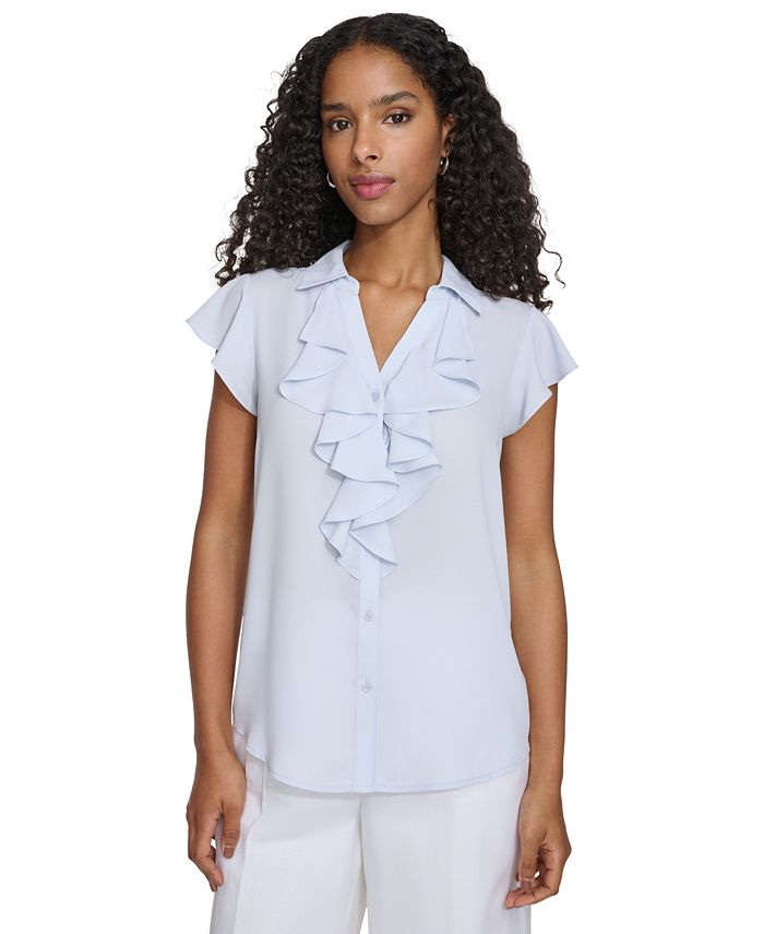 Calvin Klein Women's Solid Ruffled-Placket Button-Down Blouse - Macy's