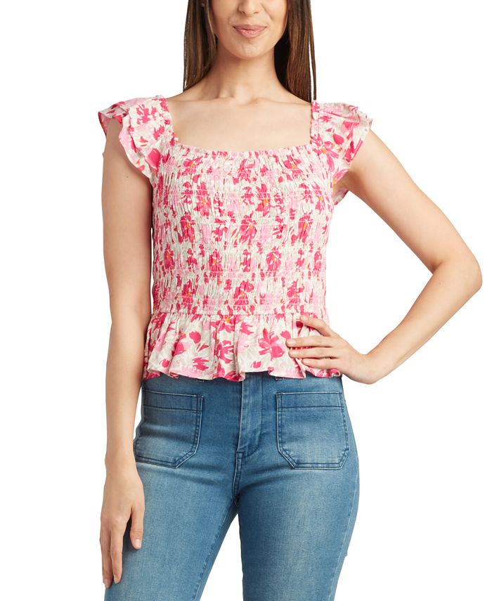 BCX Juniors' Floral Smocked Flutter-Sleeve Top - Macy's