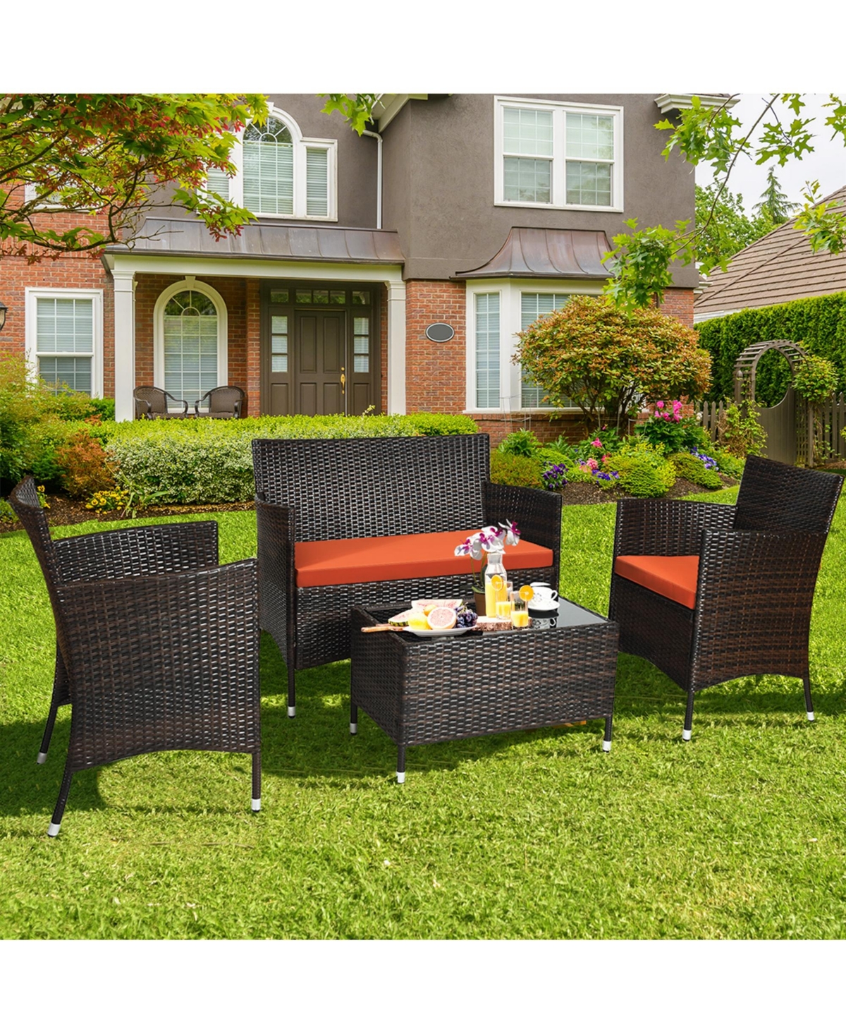 Click here for 4PCS Rattan Patio Furniture Set Cushioned Sofa Cha... prices