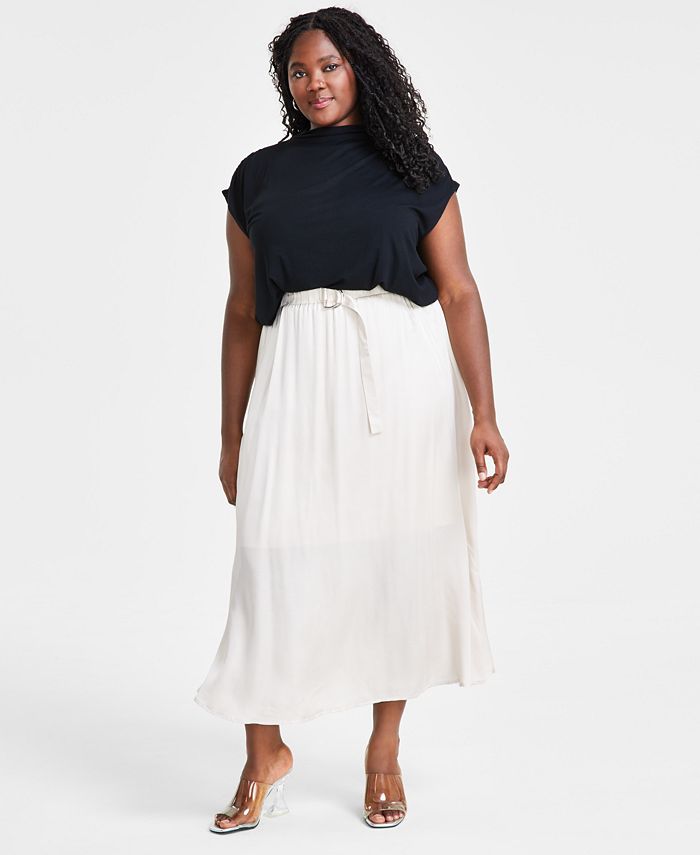 Bar III Trendy Plus Size Short-Sleeve Blouson Top & Belted Maxi Skirt ...