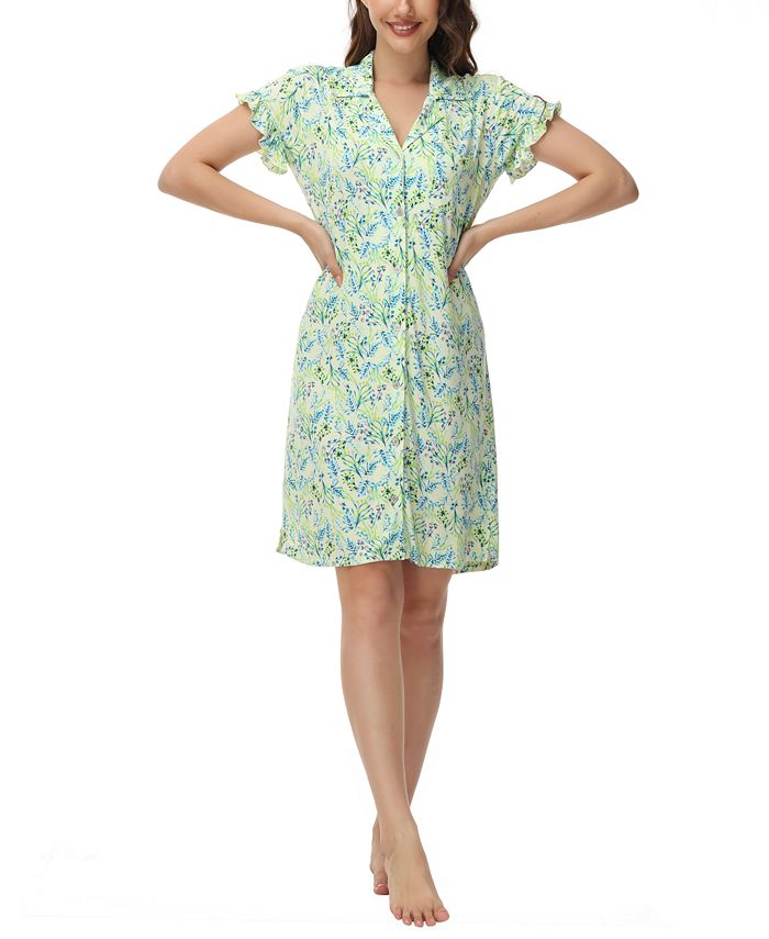 C. Wonder Women's Printed Notch Collar Short Sleeve with Ruffle Sleepshirt Nightgown - Macy's