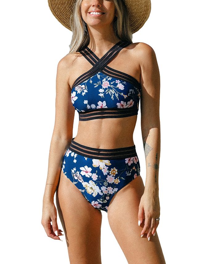 Cupshe Womens Floral Crisscross High Neck High Waist Bikini Sets