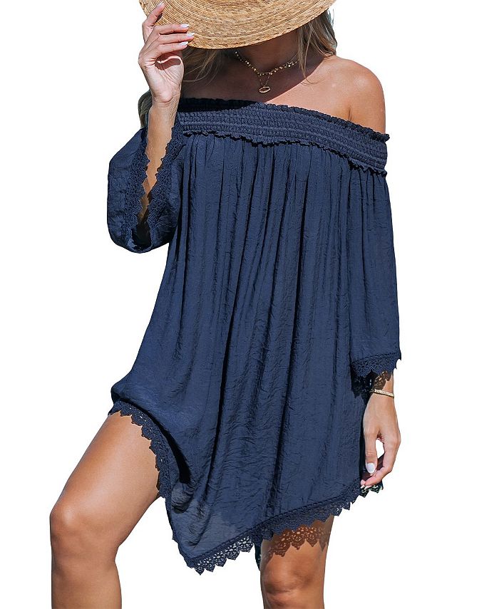 CUPSHE Women's Navy Off Shoulder Asymmetrical Hem Cover-Up Beach Dress ...