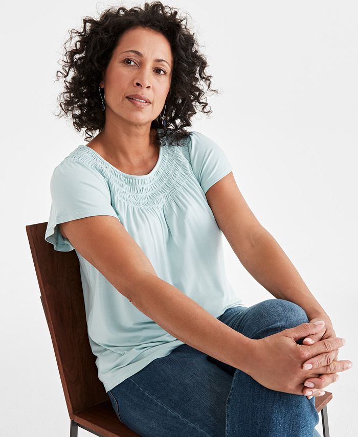 Style & Co Women's Short-Sleeve Smocked-Neck Knit Top, Created for Macy ...