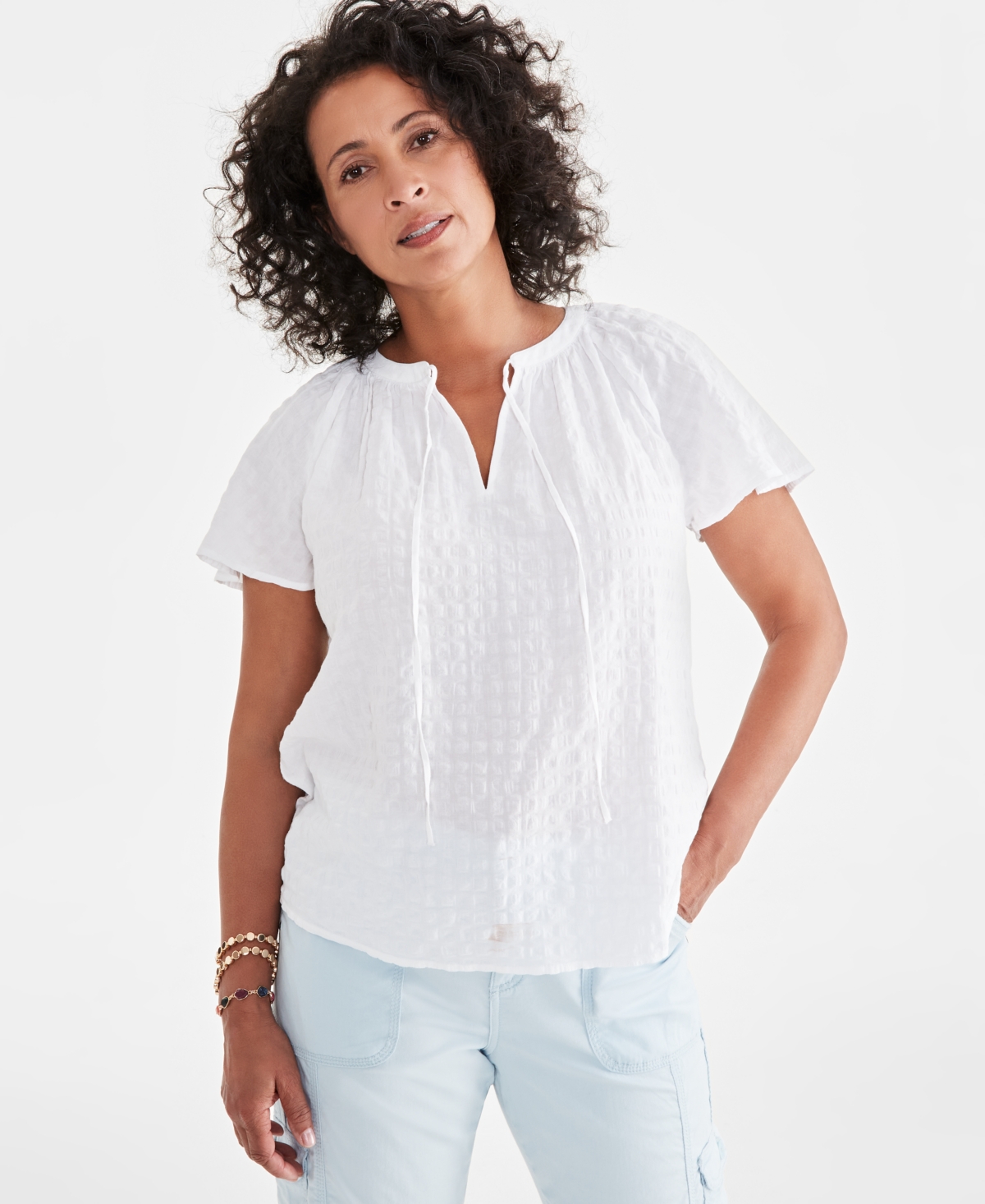 Style & Co Womens Seersucker Split-Neck Flutter Sleeve Top  Created for Macys - Bright White