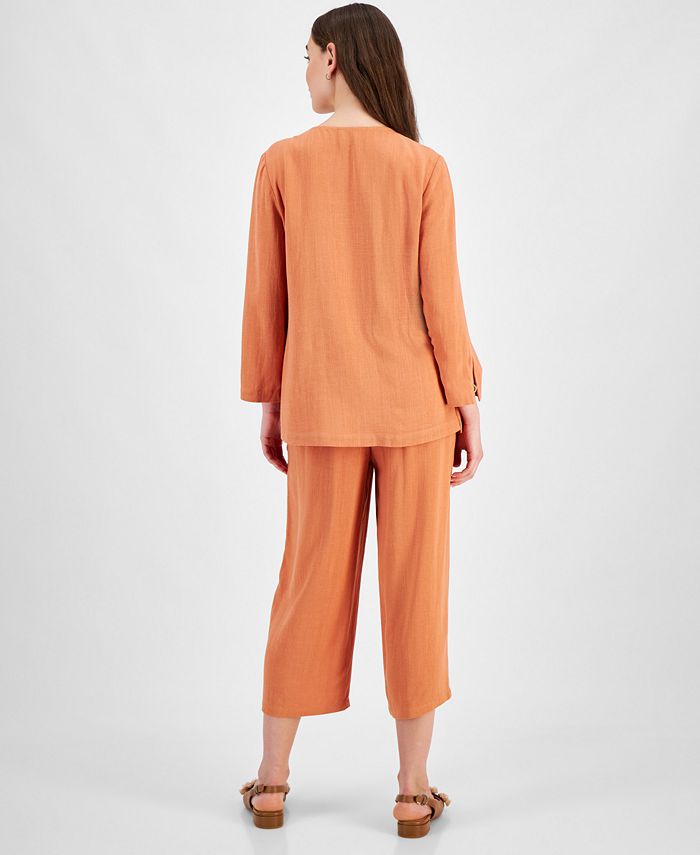 JM Collection Linen Blend Split-Cuff Top & Smocked-Waist Pants, Created for Macy's - Macy's