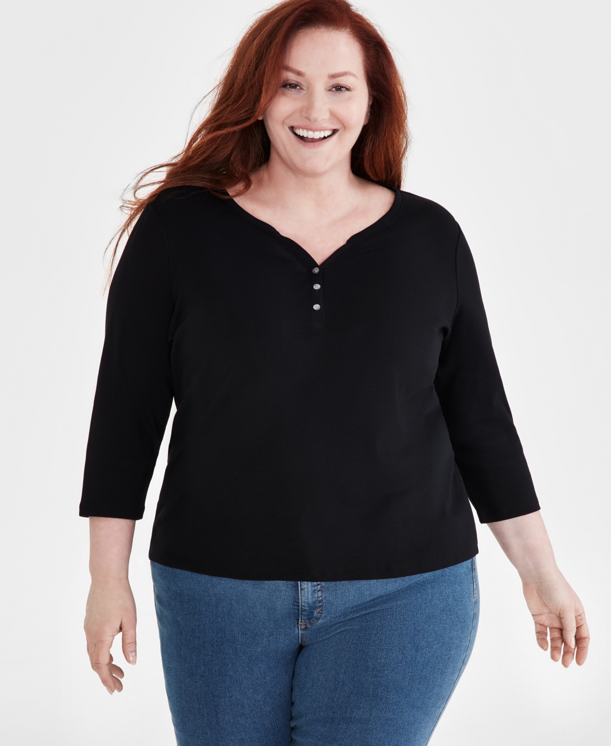 Click here for Style & Co Plus Size 3/4-Sleeve Cotton Henley Top... prices