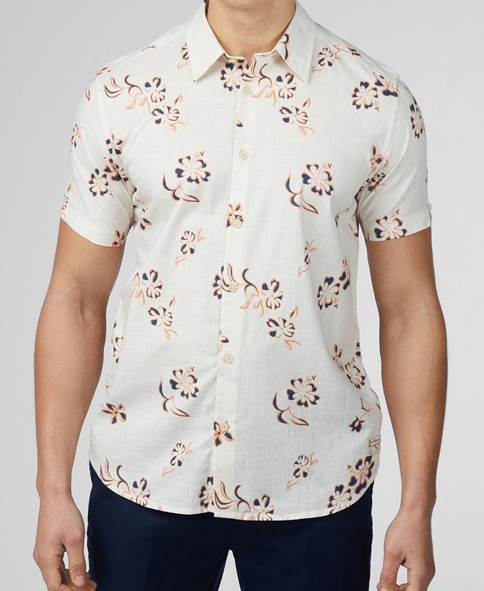 Ben Sherman Men's Linear Floral Print Short Sleeve Shirt - Macy's
