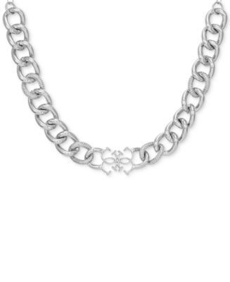 GUESS Silver-Tone Pavé & Quatro G Logo Collar Necklace, 18" + 2 ...