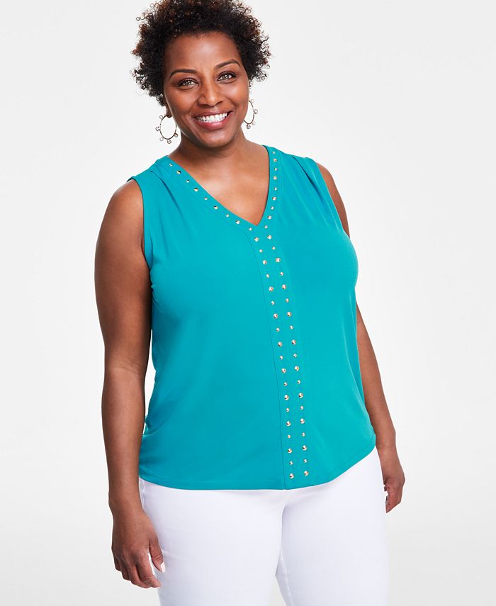 I.N.C. International Concepts Plus Size V-Neck Stud-Trim Top, Created ...
